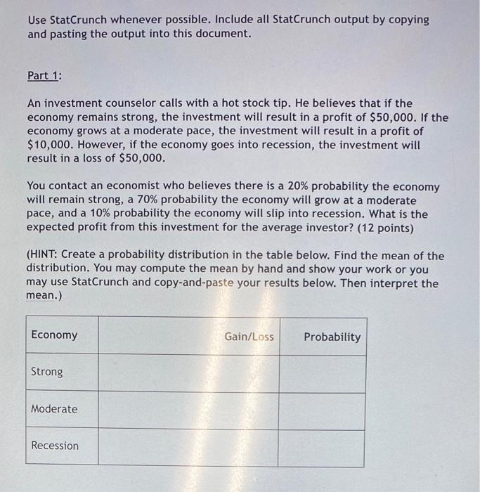 Solved Use StatCrunch whenever possible. Include all | Chegg.com