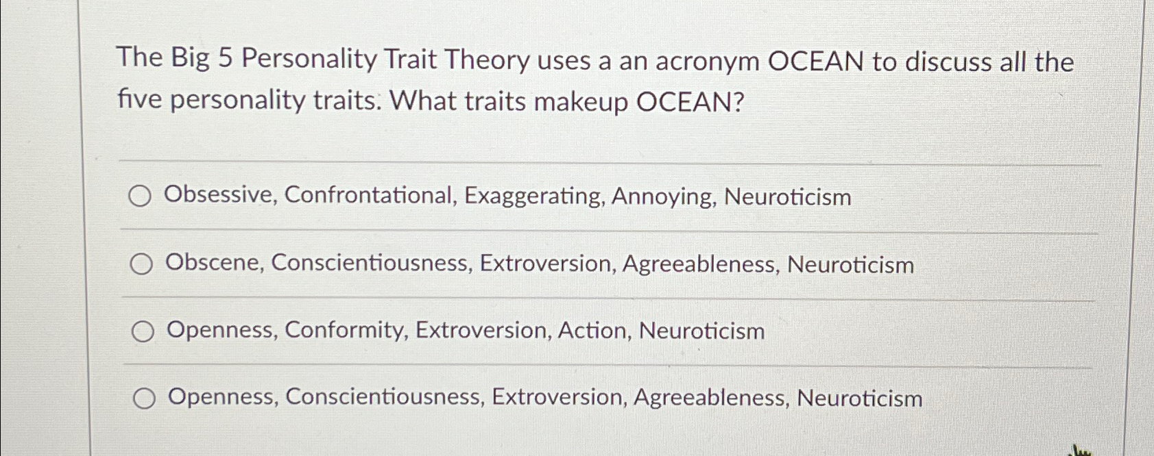 Solved The Big 5 ﻿Personality Trait Theory uses a an acronym | Chegg.com
