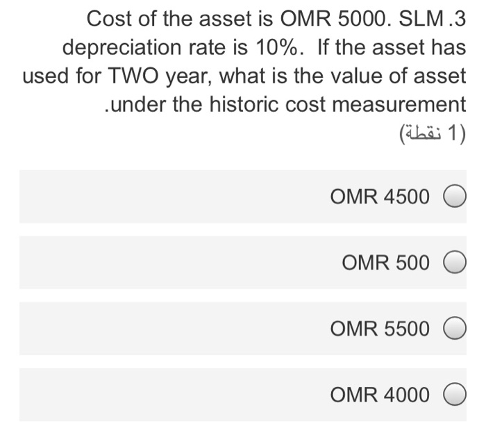 Solved Cost of the asset is OMR 5000. SLM.3 depreciation | Chegg.com