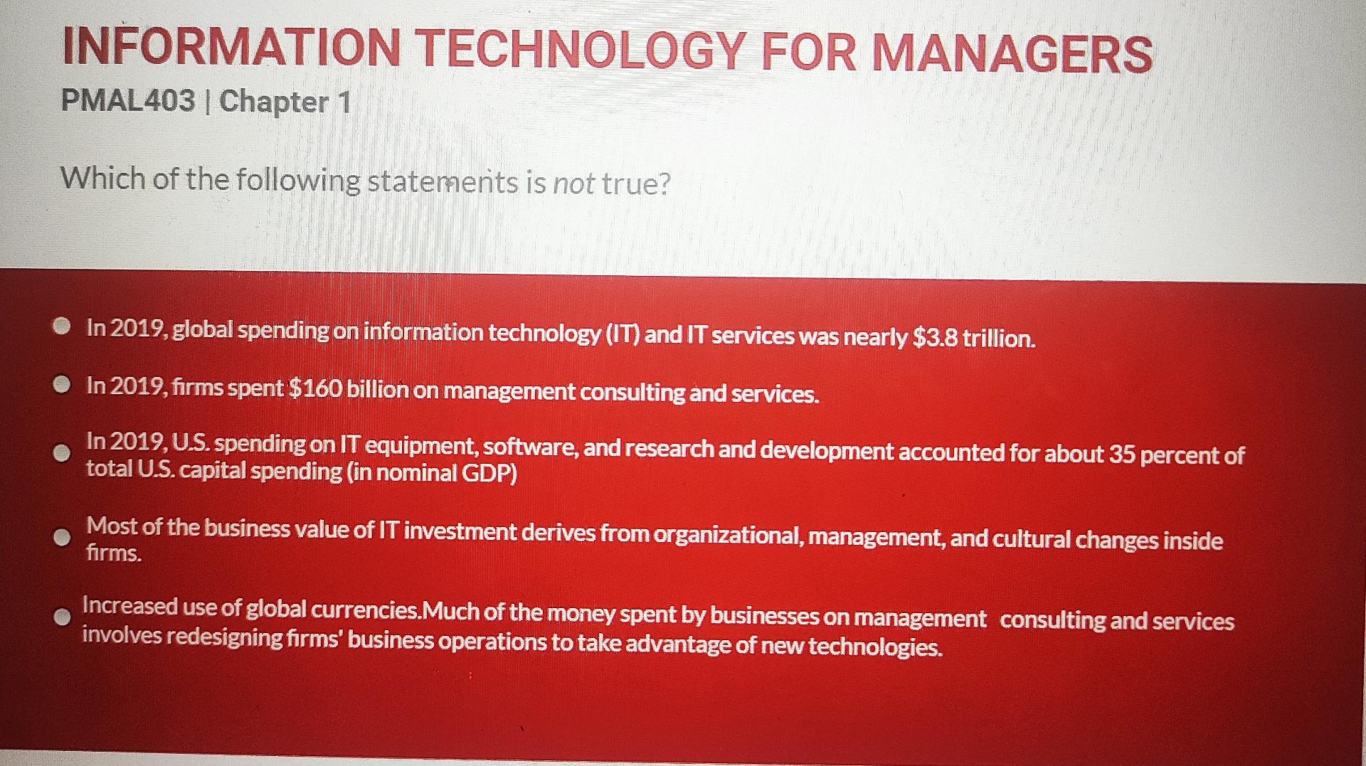 Solved INFORMATION TECHNOLOGY FOR MANAGERS PMAL403 | | Chegg.com