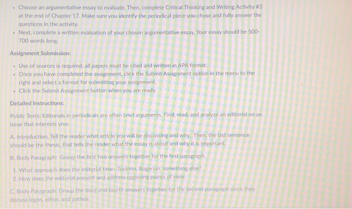 - Choose an argumentative essay to evaluate. Then, | Chegg.com