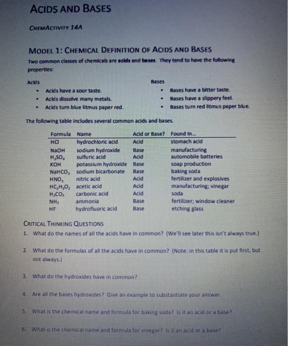 Solved ACIDS AND BASES CHEMACTIVITY 14A MODEL 1: CHEMICAL | Chegg.com