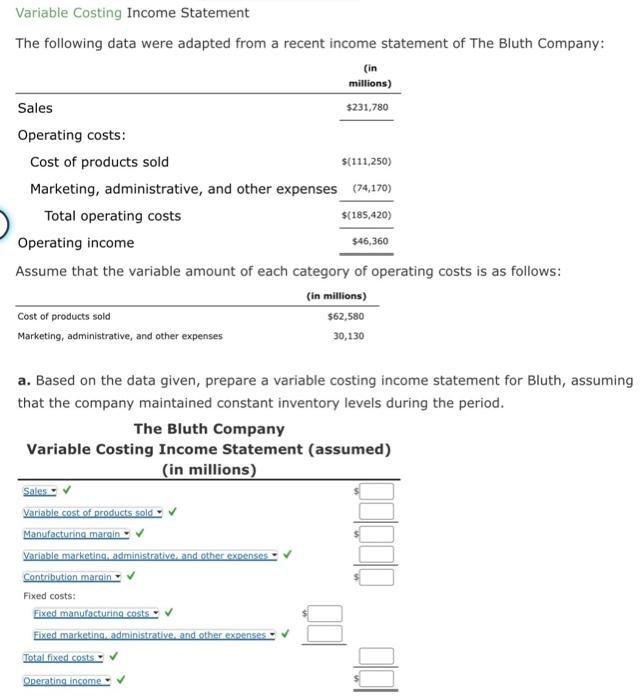 Solved Variable Costing Income Statement The following data | Chegg.com