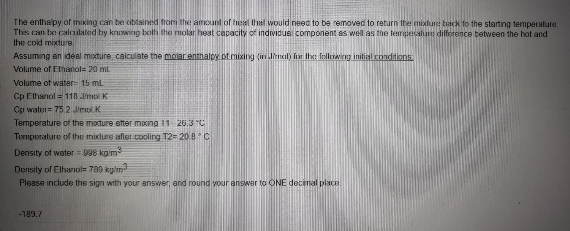 Solved The enthalpy of mixing can be obtained from the | Chegg.com