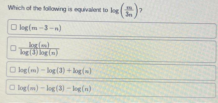 Solved Which of the following is equivalent to log(3nm) ? | Chegg.com