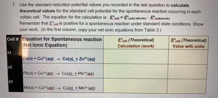 Solved 7. Use the standard reduction potential values you | Chegg.com