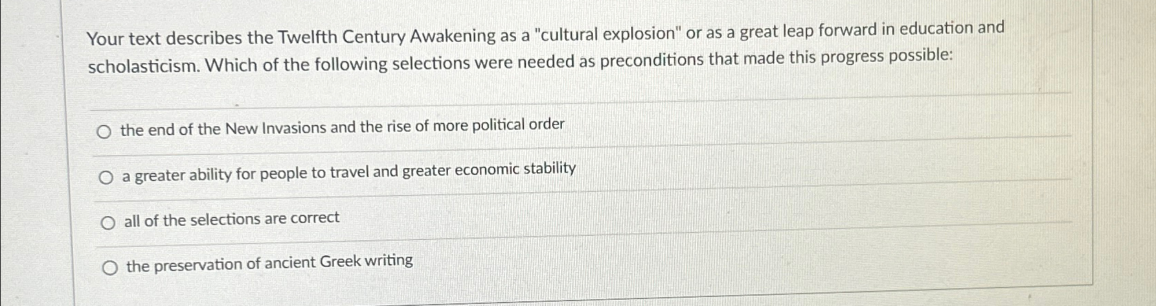 Solved Your text describes the Twelfth Century Awakening as | Chegg.com