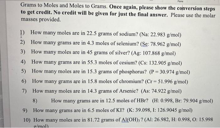 Solved Grams to Moles and Moles to Grams. Once again, please | Chegg.com