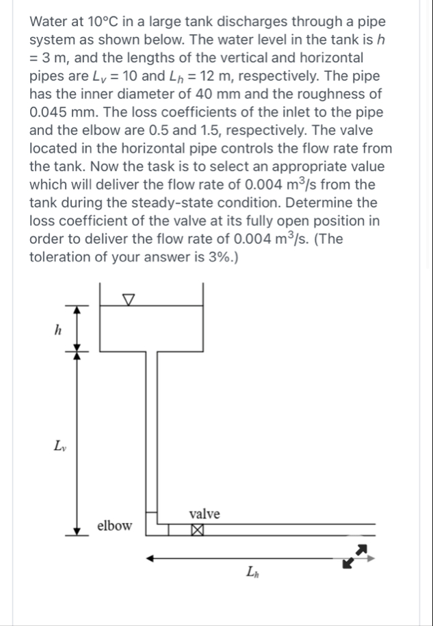 Solved Water at 10°C ﻿in a large tank discharges through a | Chegg.com