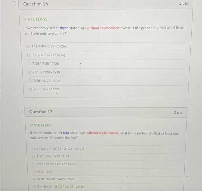 Solved Question 16 2 pts STATE FLAGS If we randomly select | Chegg.com