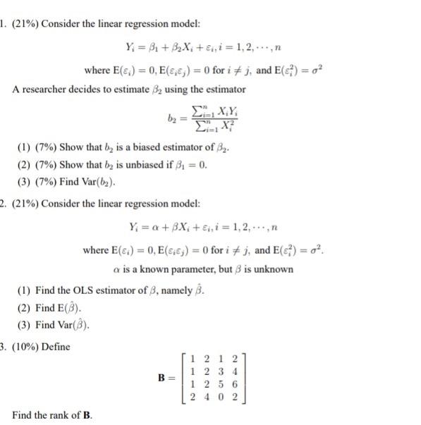 Solved 1. (21%) Consider the linear regression model: | Chegg.com