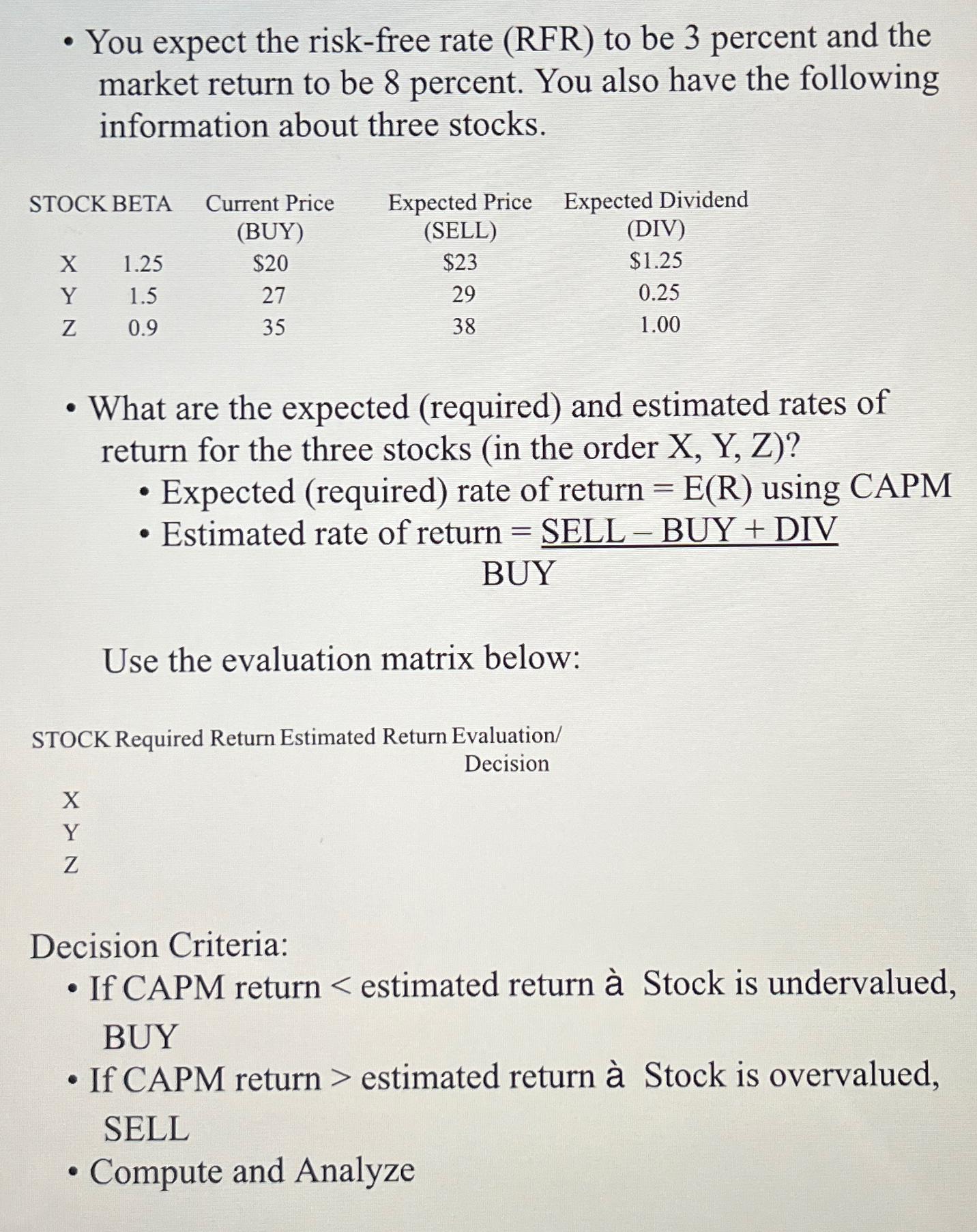 Solved You expect the risk-free rate (RFR) ﻿to be 3 ﻿percent | Chegg.com