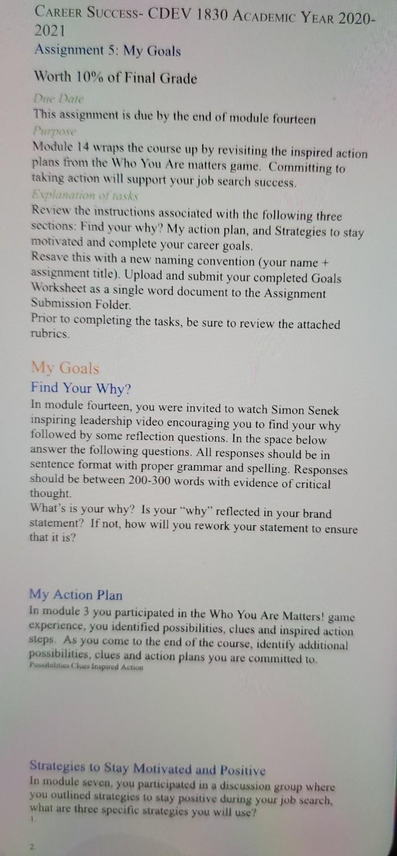 CAREER SUCCESS- CDEV 1830 ACADEMIC YEAR 2020- 2021 | Chegg.com