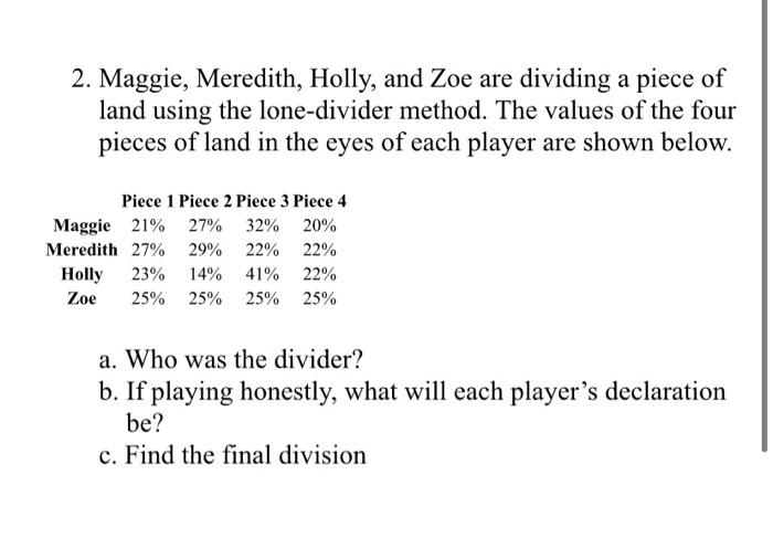 Solved 2. Maggie, Meredith, Holly, and Zoe are dividing a | Chegg.com