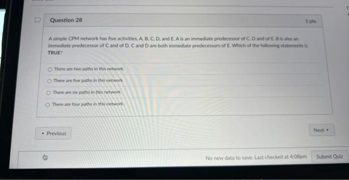 Solved A simple CPM network has tive activities. A. B, C, D, | Chegg.com