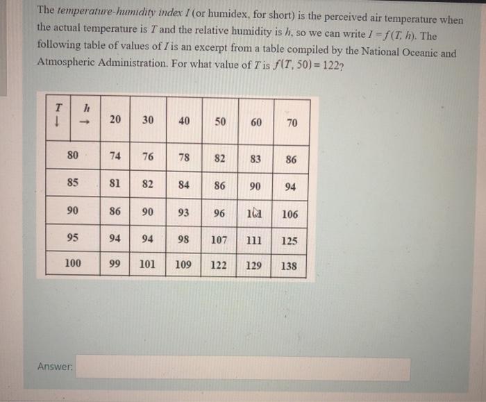 Solved The temperature-humidity index I (or humidex, for | Chegg.com