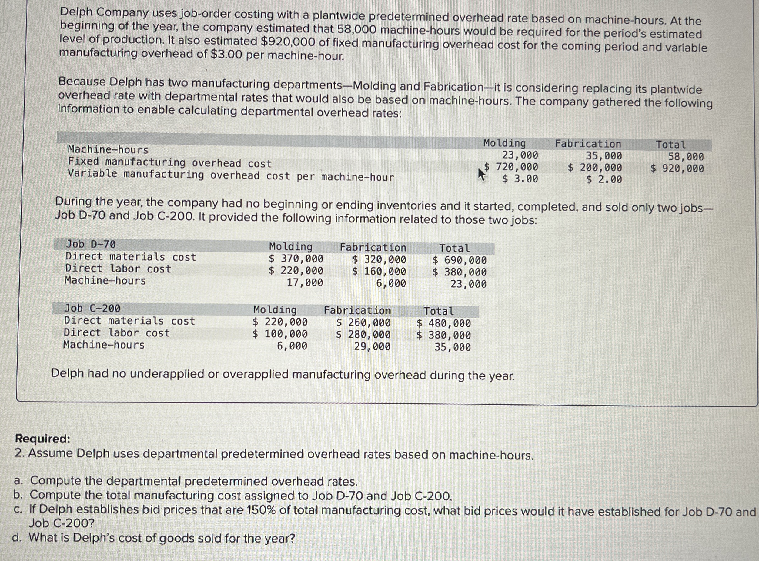 Solved Delph Company uses job-order costing with a plantwide | Chegg.com