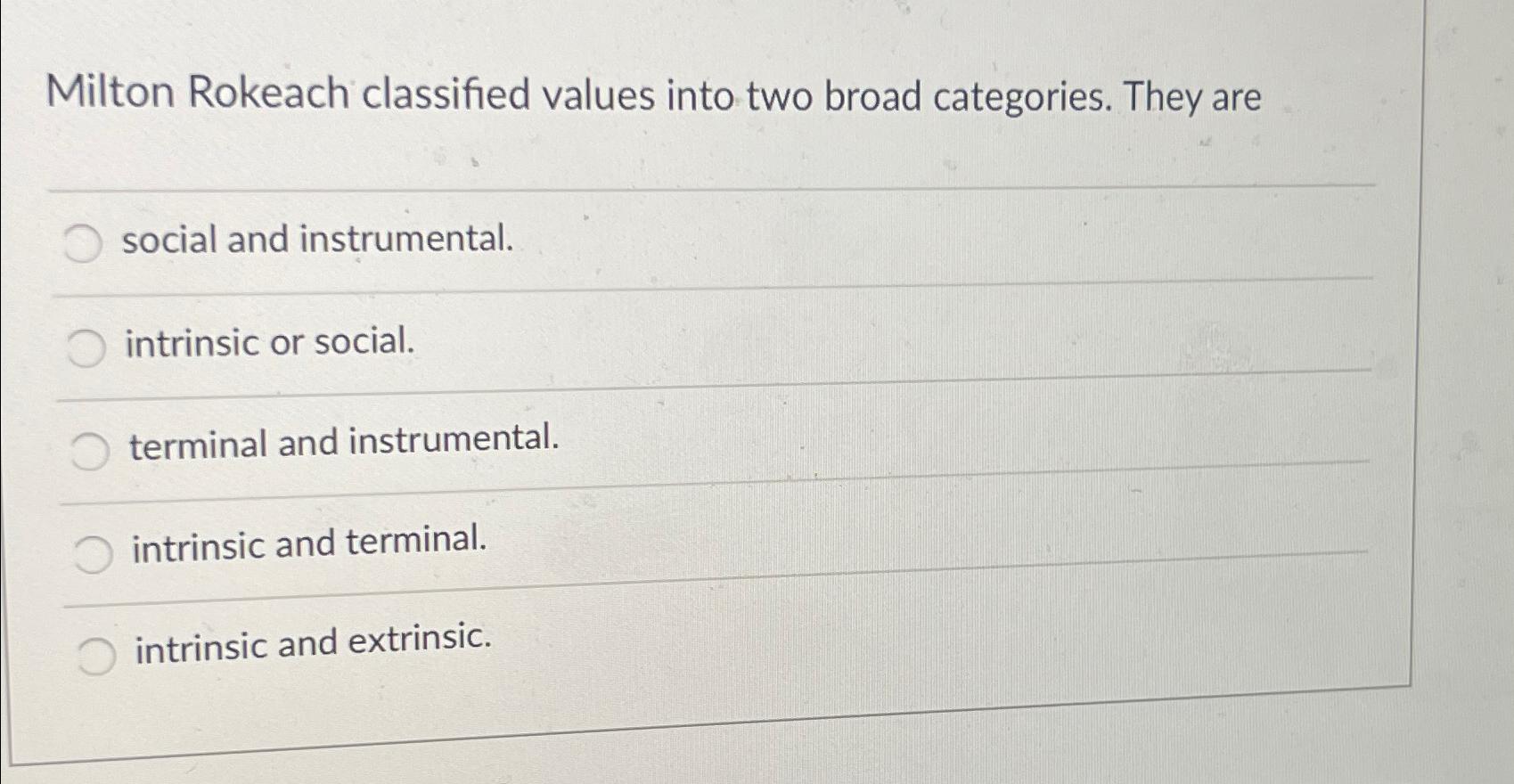 Solved Milton Rokeach classified values into two broad | Chegg.com