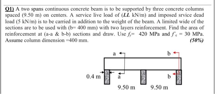 Solved 01) A two spans continuous concrete beam is to be | Chegg.com