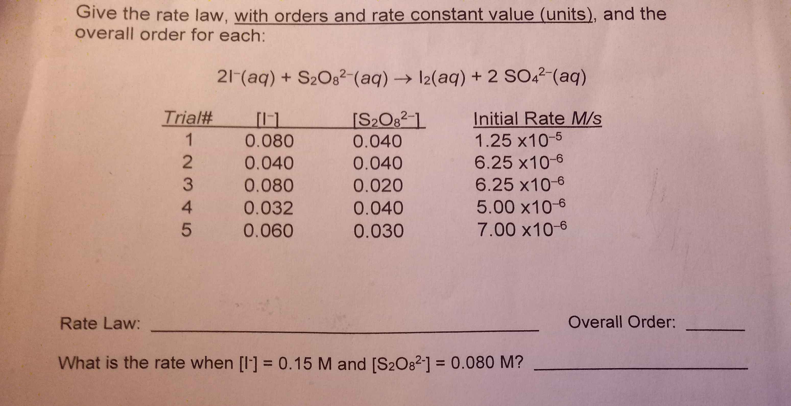 Solved Give the rate law, with orders and rate constant | Chegg.com