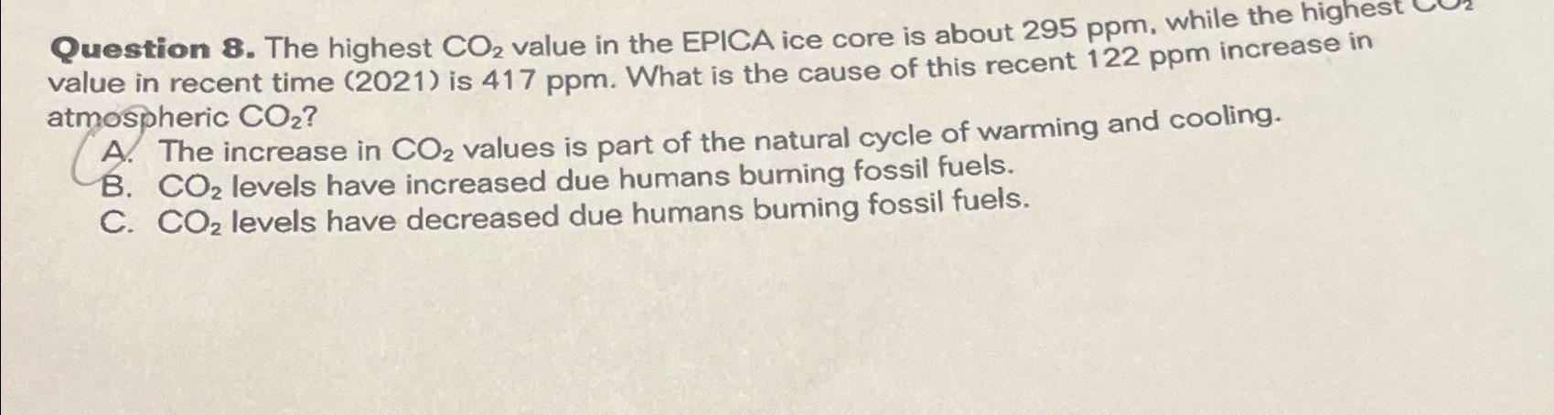 Solved Question 8. ﻿The highest CO2 ﻿value in the EPICA ice | Chegg.com