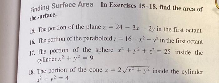 Solved Finding Surface Area In Exercises 15-18, find the | Chegg.com