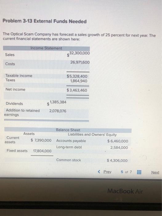 Solved Problem 3-13 External Funds Needed The Optical Scam | Chegg.com