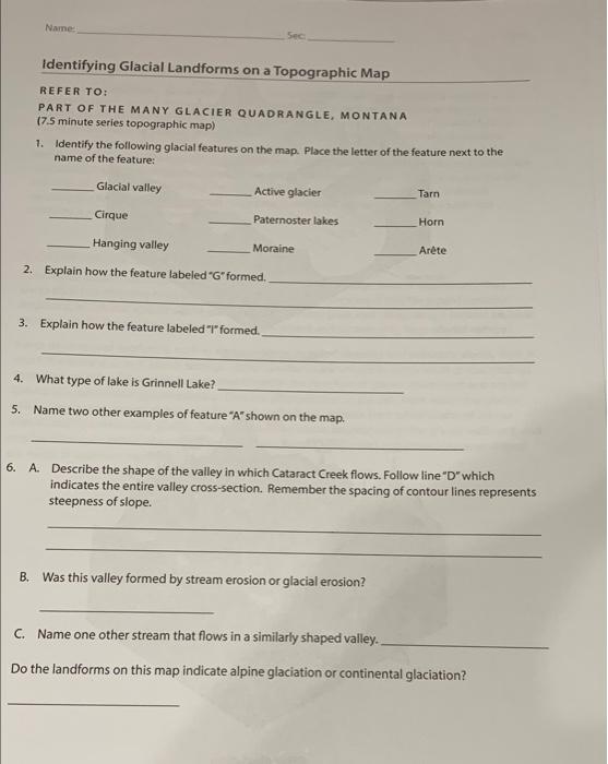 Solved Name Sec Identifying Glacial Landforms on a | Chegg.com