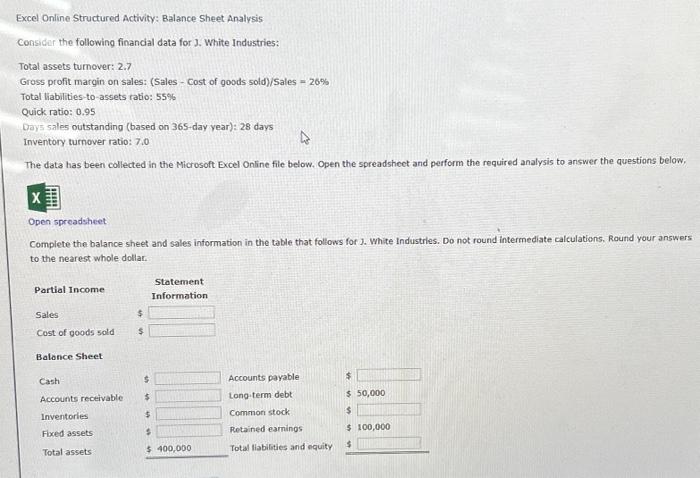 Solved Excel Online Structured Activity: Balance Sheet | Chegg.com