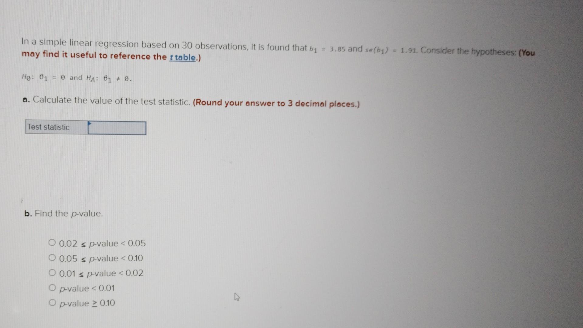 Solved = In a simple linear regression based on 30 | Chegg.com