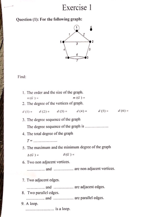 Solved Exercise 1 Question 1 For The Following Graph 