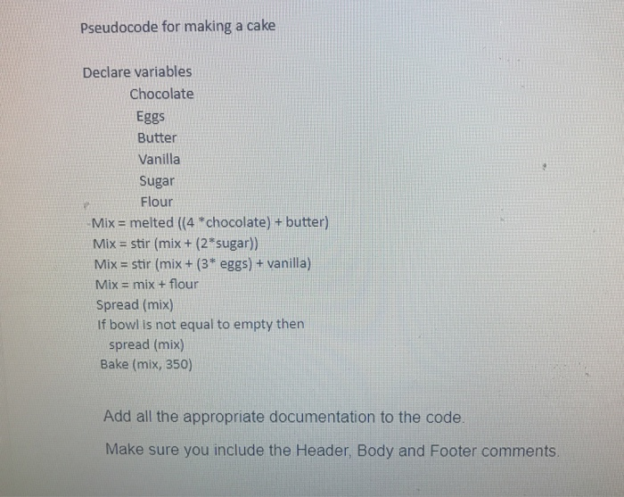 Solved Pseudocode for making a cake Declare variables | Chegg.com