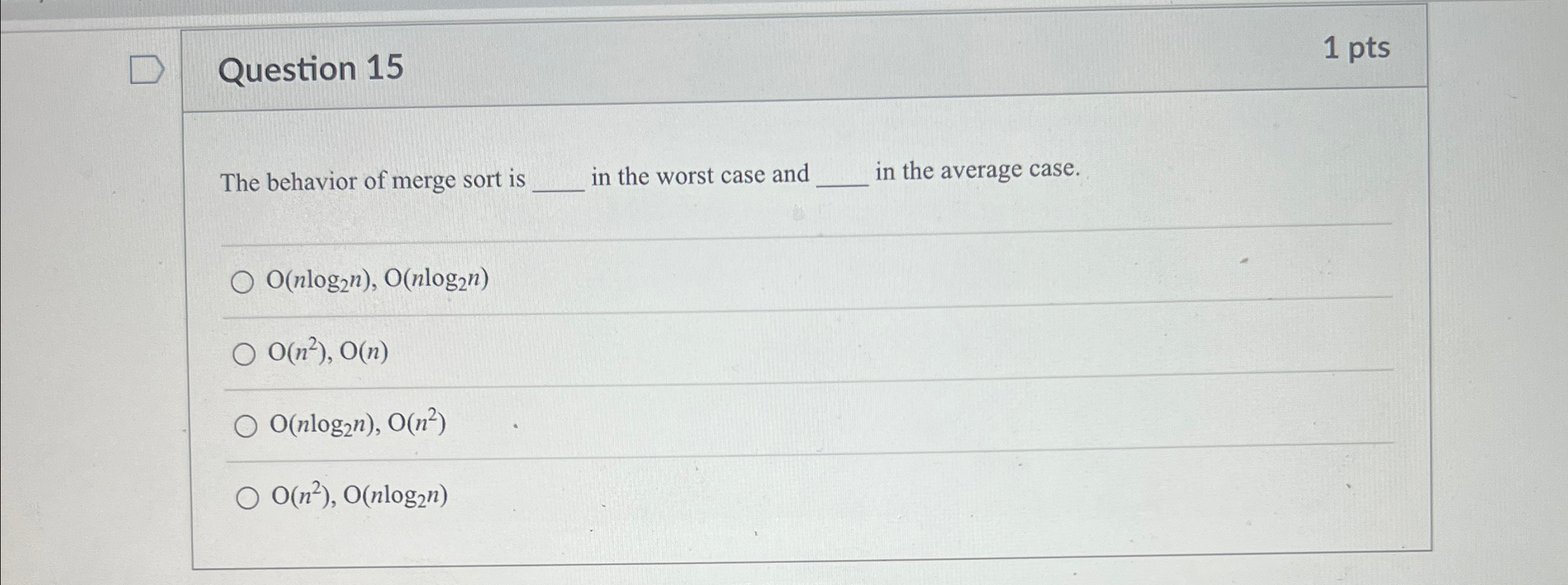 Solved Question 151 ﻿ptsThe behavior of merge sort is ﻿in | Chegg.com