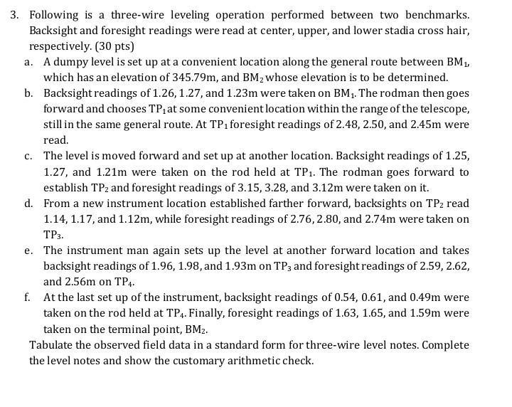 Solved 3. Following is a three-wire leveling operation | Chegg.com