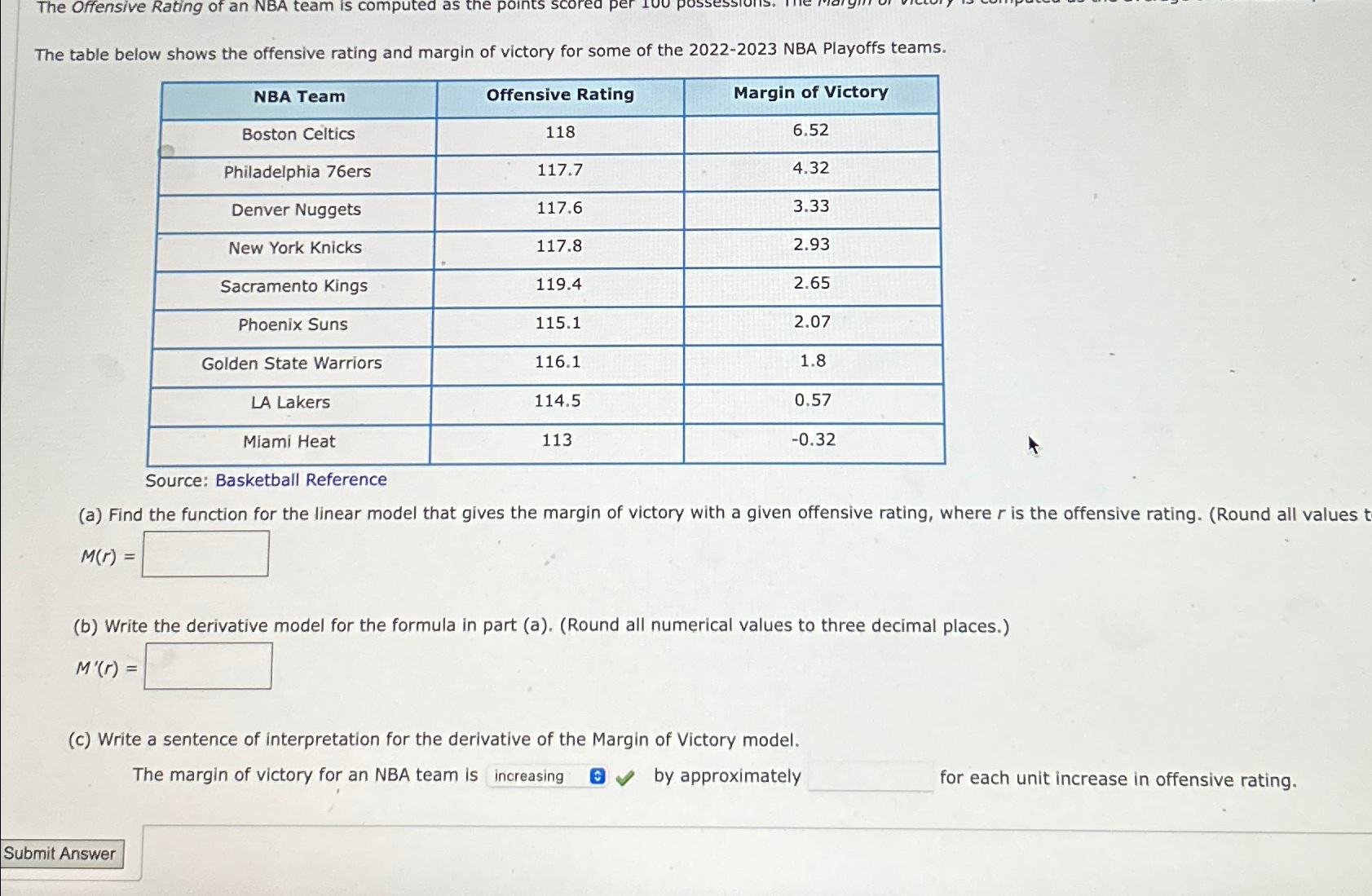 Solved The table below shows the offensive rating and margin | Chegg.com