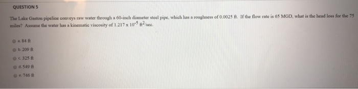 Solved QUESTIONS The Lake Gaston pipeline conveys raw water | Chegg.com