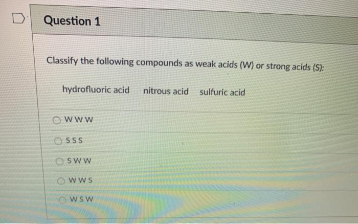 Solved Question 1 Classify the following compounds as weak | Chegg.com