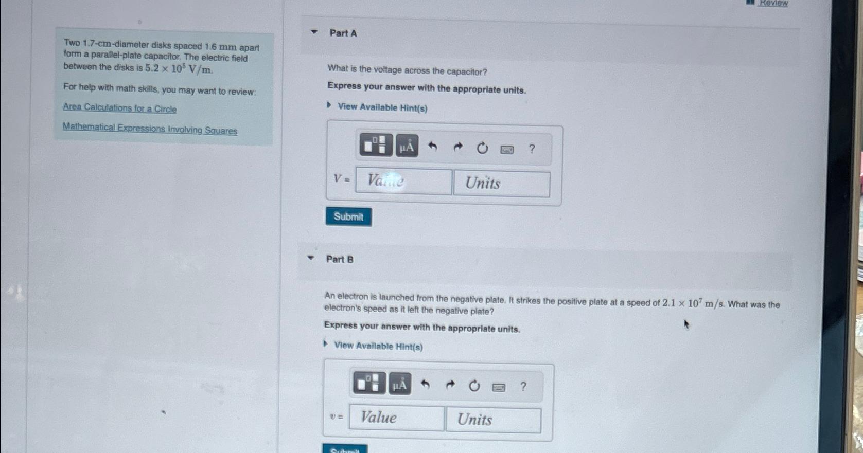 Solved Two 1.7 - cm-diameter disks spaced 1.6mm apart form a | Chegg.com