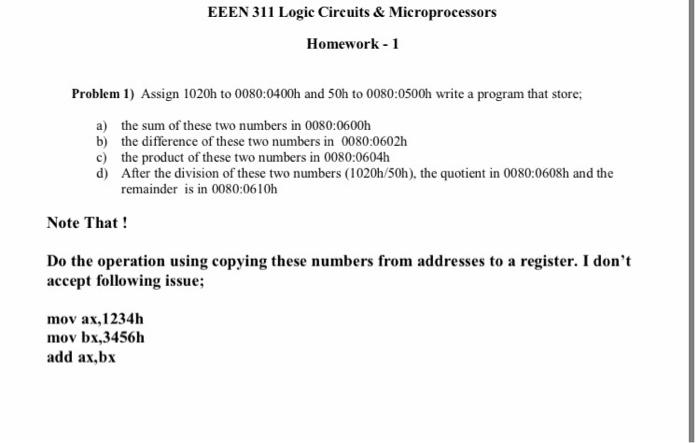 Solved Problem 1) Assign 1020h to 0080:0400 h and 50 h to | Chegg.com