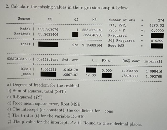 Solved 2. Calculate the missing values in the regression | Chegg.com