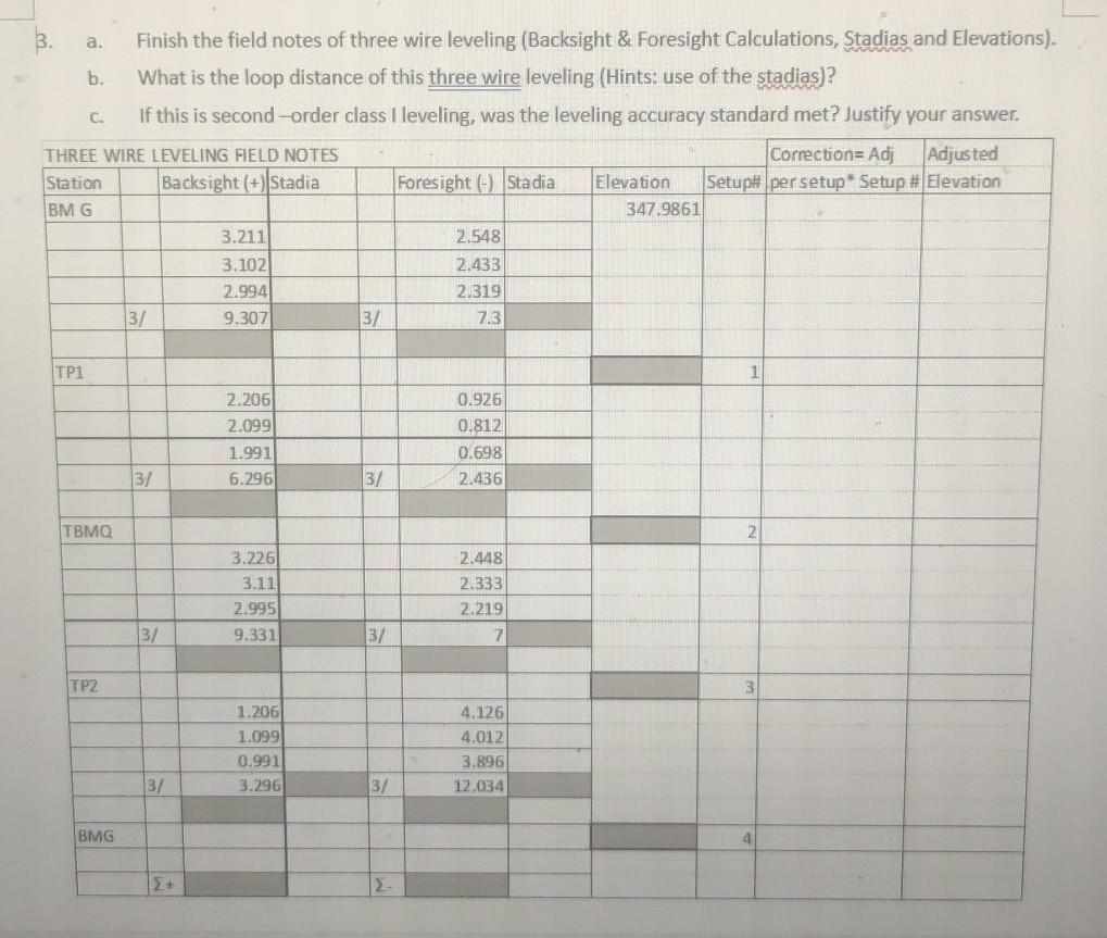 Solved 3. a. Finish the field notes of three wire leveling | Chegg.com