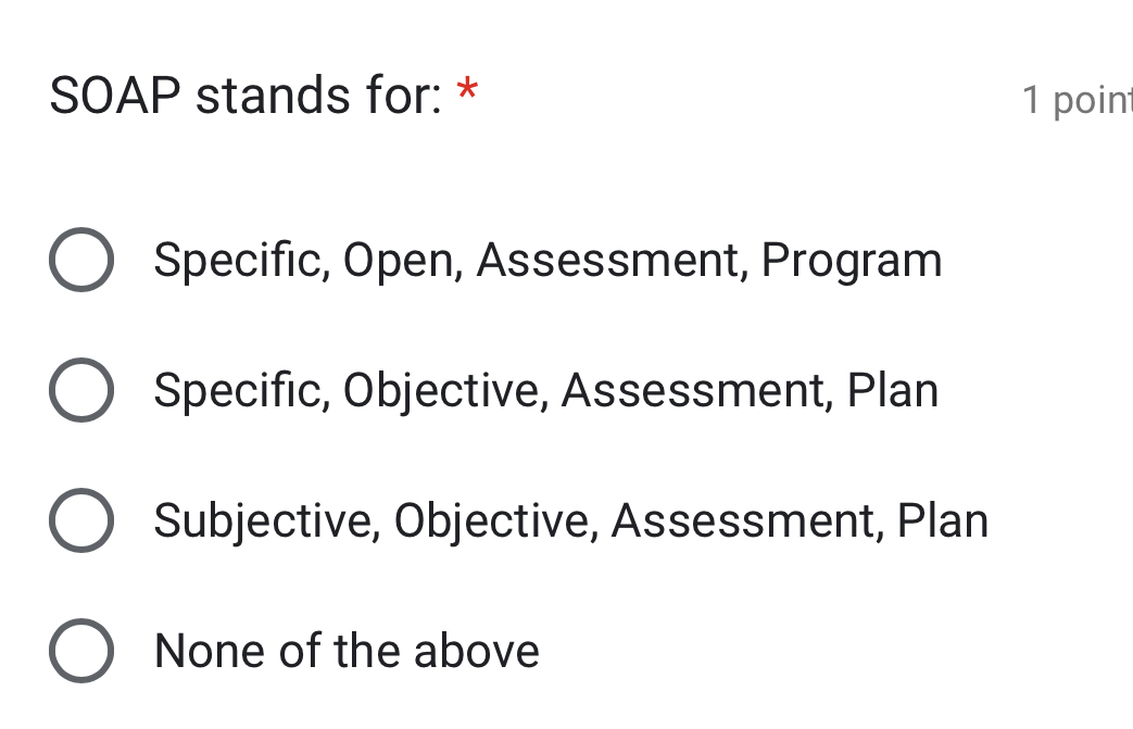 Solved SOAP stands for: *1 ﻿poinSpecific, Open, Assessment, | Chegg.com