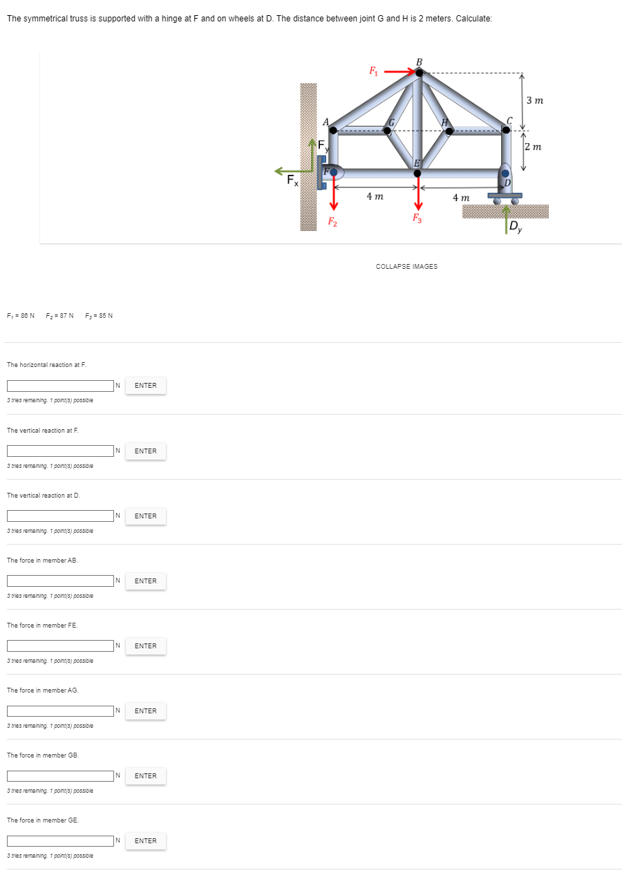 Solved The symmetrical truss is supported with a hinge at F | Chegg.com