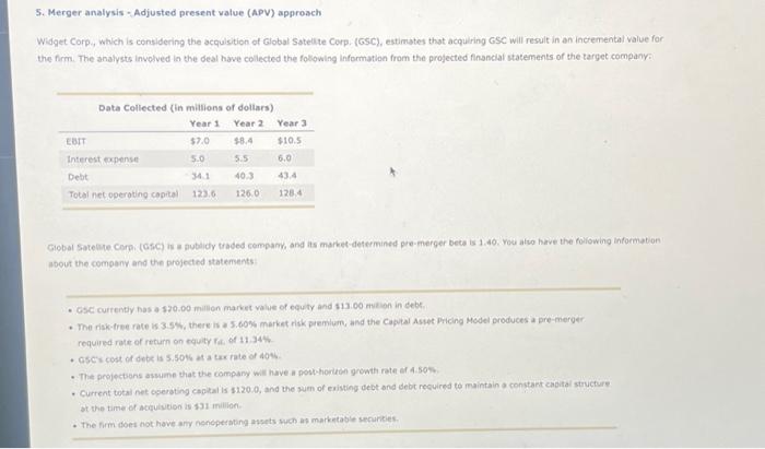 5. Merger analysis - Adjusted present value (APV) | Chegg.com