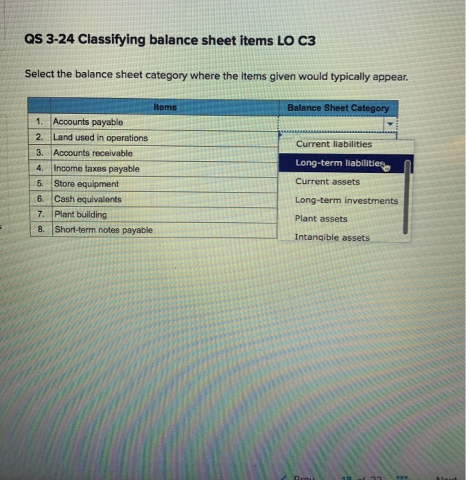 Solved QS 3-24 Classifying balance sheet items LO C3 Select | Chegg.com