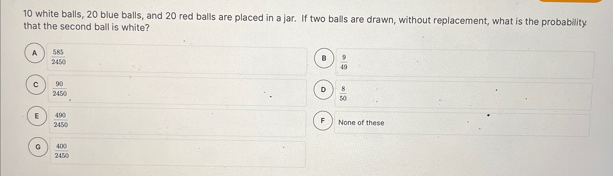 Solved 10 ﻿white balls, 20 ﻿blue balls, and 20 ﻿red balls | Chegg.com
