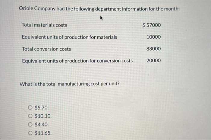 Solved Oriole Company had the following department | Chegg.com