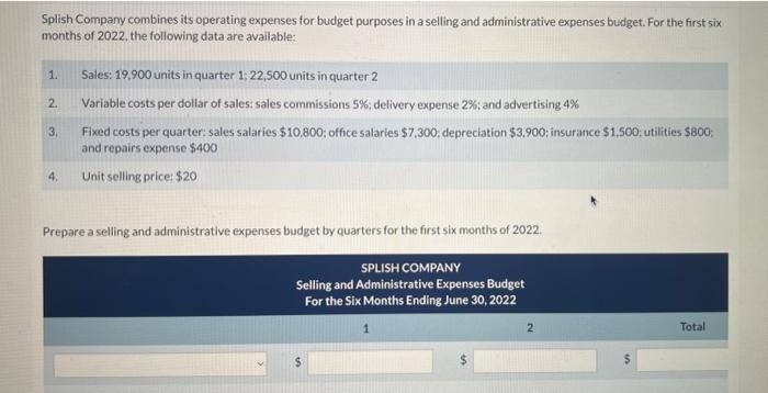 Solved Splish Company combines its operating expenses for | Chegg.com