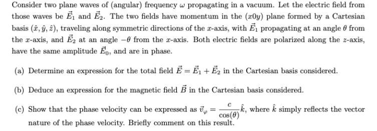 Consider two plane waves of (angular) ﻿frequency | Chegg.com