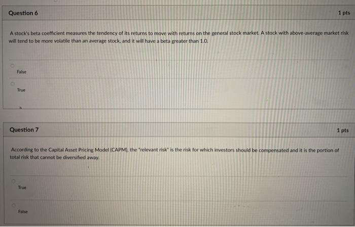 Solved Question 6 1 pts Astock's beta coefficient measures | Chegg.com